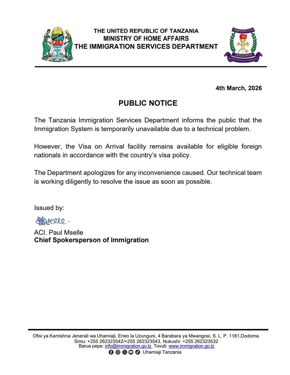 Tanzania: Immigration System temporarily down, Visa on Arrival remains ...