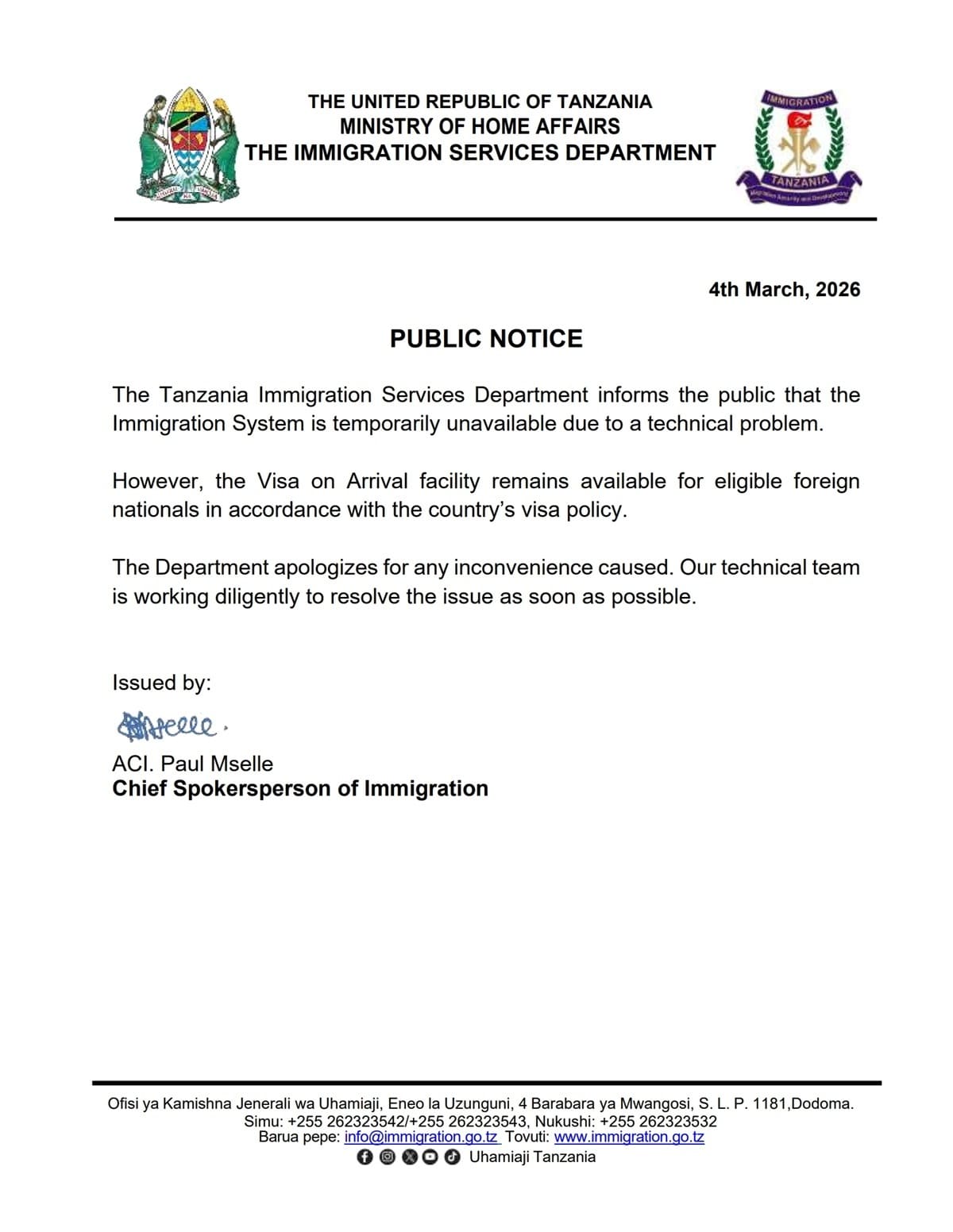 Tanzania: Immigration System temporarily down, Visa on Arrival remains ...
